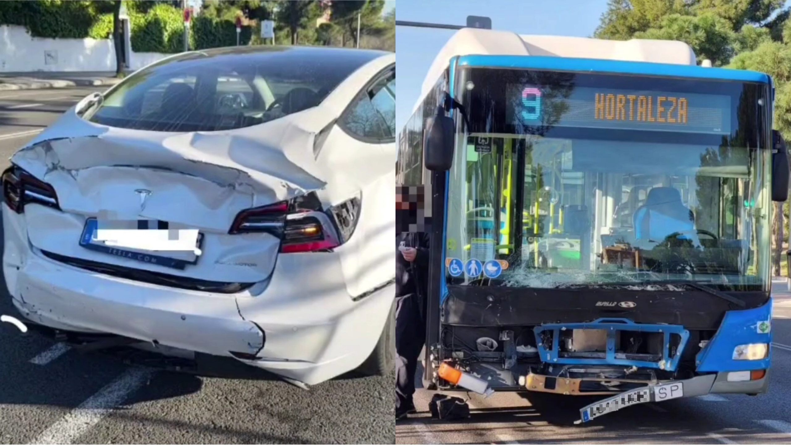 Así queda un Tesla tras ser arrollado por un autobús en Madrid